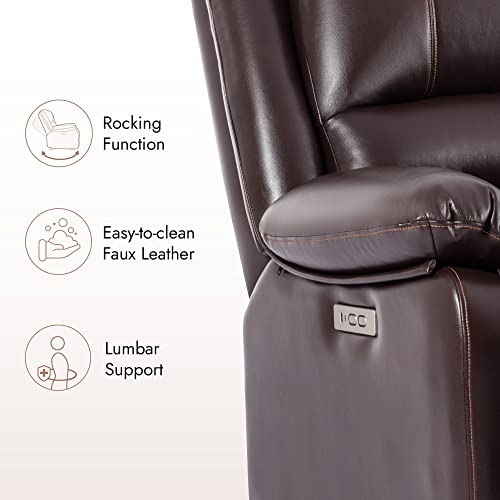 Watson & Whitely Power Recliner Chair for Adults, Faux Leather Electric Glider Reclining Chair for Living Room and Nursery, Upholstered Rocker Recliner with USB Port, Dark Brown