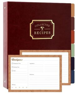 cagie leather recipe binder with plastic sleeves recipe notebook with 5.7"x8" recipe cards & card divider 3 ring binder recipe book to write in your own recipes, 10.5"x12.5", red brown