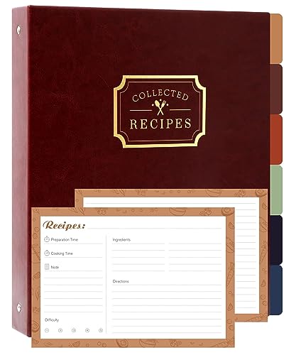 CAGIE Leather Recipe Binder with Plastic Sleeves Recipe Notebook with 5.7"x8" Recipe Cards & Card Divider 3 Ring Binder Recipe Book to Write in Your Own Recipes, 10.5"x12.5", Red Brown