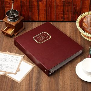 CAGIE Leather Recipe Binder with Plastic Sleeves Recipe Notebook with 5.7"x8" Recipe Cards & Card Divider 3 Ring Binder Recipe Book to Write in Your Own Recipes, 10.5"x12.5", Red Brown