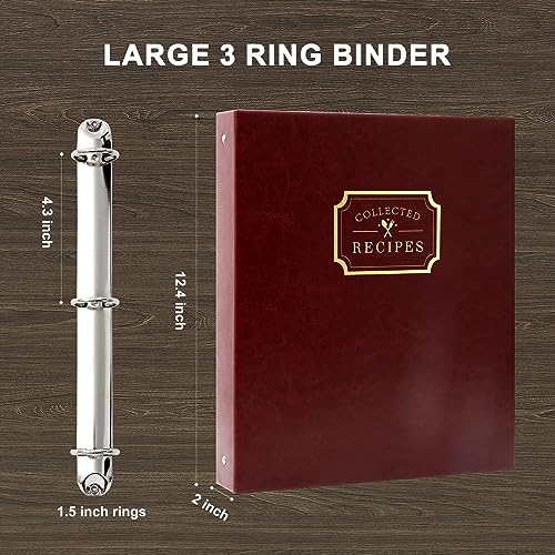 CAGIE Leather Recipe Binder with Plastic Sleeves Recipe Notebook with 5.7"x8" Recipe Cards & Card Divider 3 Ring Binder Recipe Book to Write in Your Own Recipes, 10.5"x12.5", Red Brown