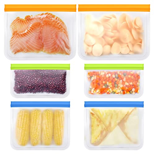 LISOVEVRR Reusable Silicone Storage Bags 6 Pack, Food Grade BPA Free Leakproof Freezer Bags, Resealable Lunch Bag for Meat Fruit Veggies, Reusable 2 Gallon 2 Sandwich 2 Kids Snack Bags