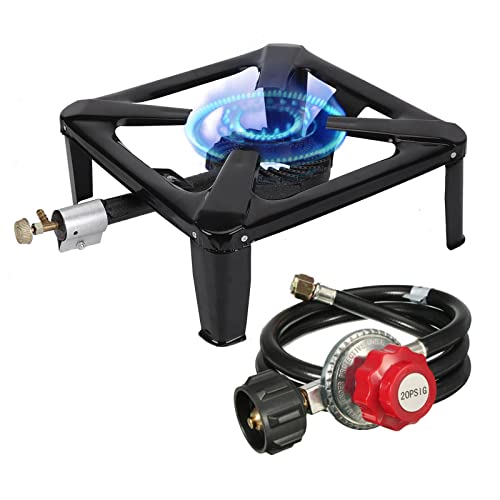 Camping Stove - Portable Propane Stove Burner Gas Cooker, with Adjustable 0-20PSI Regulator Hose, Heavy Duty Iron Cast Gas Boiling Ring BBQ Grill with Detachable Legs for Camp Patio RV Cooking Outdoor