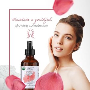 HBNO Organic Rose Floral Water - Huge 4 oz (120ml) Value Size - for Face, Body, Skin, Lips, Hair, Nails, Lotions, Spray - 4 OZ (120 ml)