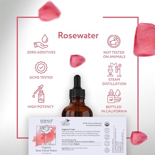 HBNO Organic Rose Floral Water - Huge 4 oz (120ml) Value Size - for Face, Body, Skin, Lips, Hair, Nails, Lotions, Spray - 4 OZ (120 ml)