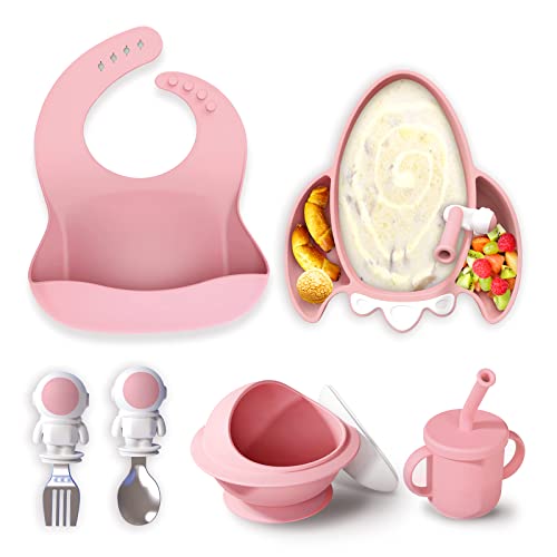 Pinko Coral Baby Led Weaning Supplies Silicone Baby Self Feeding Utensils with Suction Bowl Divided Plate Adjustable Baby Bib Soft Spoon Fork with Lid Drinking Cup Utensil