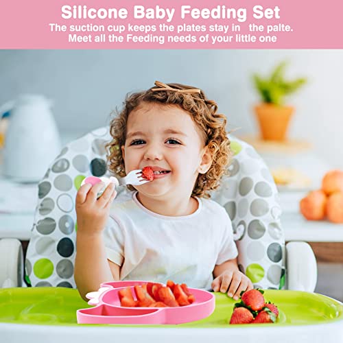 Pinko Coral Baby Led Weaning Supplies Silicone Baby Self Feeding Utensils with Suction Bowl Divided Plate Adjustable Baby Bib Soft Spoon Fork with Lid Drinking Cup Utensil