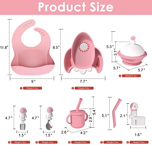 Pinko Coral Baby Led Weaning Supplies Silicone Baby Self Feeding Utensils with Suction Bowl Divided Plate Adjustable Baby Bib Soft Spoon Fork with Lid Drinking Cup Utensil