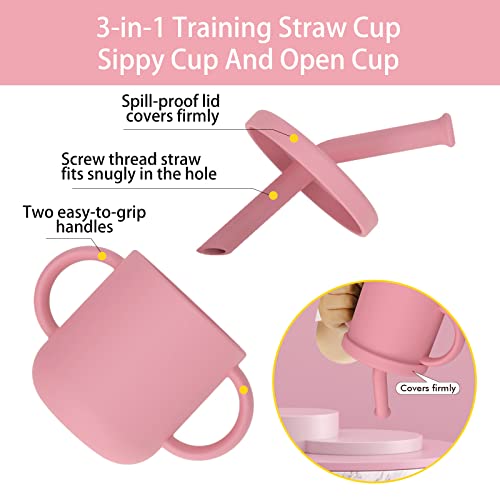 Pinko Coral Baby Led Weaning Supplies Silicone Baby Self Feeding Utensils with Suction Bowl Divided Plate Adjustable Baby Bib Soft Spoon Fork with Lid Drinking Cup Utensil