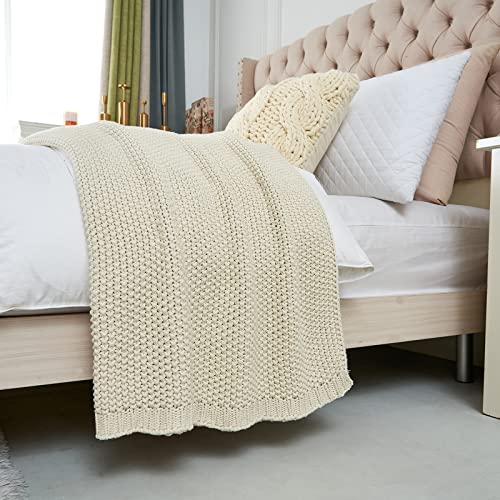 Longhui bedding Chunky Cable Knit Throw Blanket Lightweight Cream 100% Organic Cotton Blanket for Sofa Couch Bed Baby Nursery, Rustic Shabby Chic Modern Farmhouse, 60” x 80” Give Laundering Bag