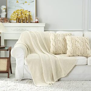 Longhui bedding Chunky Cable Knit Throw Blanket Lightweight Cream 100% Organic Cotton Blanket for Sofa Couch Bed Baby Nursery, Rustic Shabby Chic Modern Farmhouse, 60” x 80” Give Laundering Bag