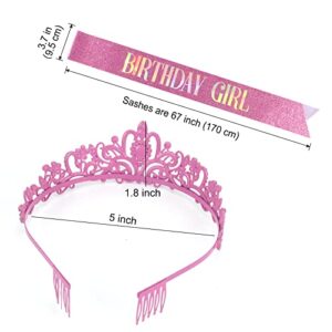 "Birthday Girl" Sash & Rhinestone Tiara Set COCIDE Birthday Sash and Tiara for Women Birthday Decoration Kit Rhinestone Headband for Girl Glitter Crystal Hair Accessories for Birth Party (Pink Tiara + Pink Sash (2))