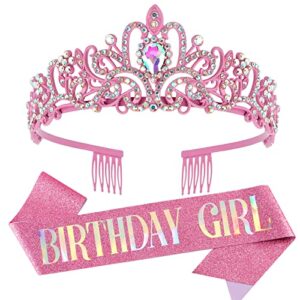 "birthday girl" sash & rhinestone tiara set cocide birthday sash and tiara for women birthday decoration kit rhinestone headband for girl glitter crystal hair accessories for birth party (pink tiara + pink sash (2))