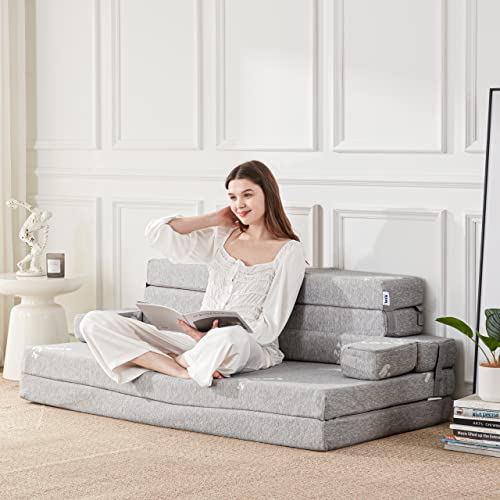 Lazyzizi Sleep 4 Inch Foldable Mattress, Portable Floor Mattress Couch with Headrest, Washable Cover, Foldable Foam Couch Queen for Guest Bed, Folding Sofa Bed, Camping, Road Trip， Light Grey