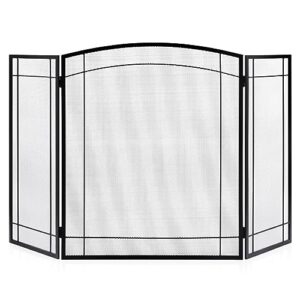 feed garden 3 panel fireplace screen 48" w x 29" h modern foldable with wrought metal decorative mesh,arch heavy duty fire spark guard cover for home decor indoor, black