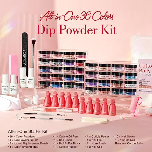 170Pcs Dip Nails Powder Starter Kit, AZUREBEAUTY 36 Colors Brown Purple Fall Dip Powder Nail Kit Starter with Essential Liquid and Removal Accessories Set for French Nail Art Manicure Salon DIY Home