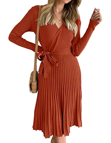 ZESICA Women's 2023 Fall Long Sleeve Wrap V Neck Ribbed Knit Pleated A Line Pullover Sweater Dress with Belt,Rust,Large