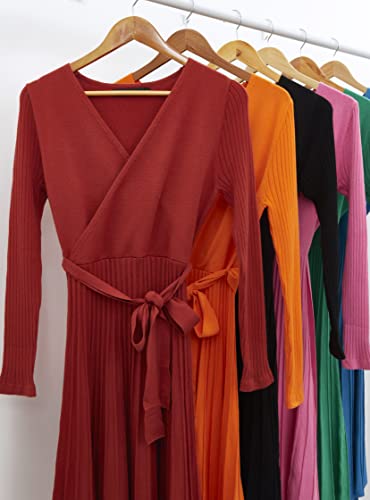 ZESICA Women's 2023 Fall Long Sleeve Wrap V Neck Ribbed Knit Pleated A Line Pullover Sweater Dress with Belt,Rust,Large