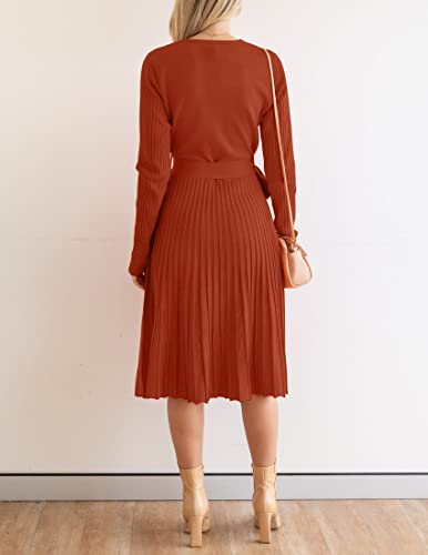 ZESICA Women's 2023 Fall Long Sleeve Wrap V Neck Ribbed Knit Pleated A Line Pullover Sweater Dress with Belt,Rust,Large