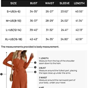 ZESICA Women's 2023 Fall Long Sleeve Wrap V Neck Ribbed Knit Pleated A Line Pullover Sweater Dress with Belt,Rust,Large