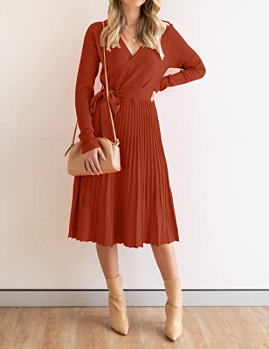 ZESICA Women's 2023 Fall Long Sleeve Wrap V Neck Ribbed Knit Pleated A Line Pullover Sweater Dress with Belt,Rust,Large