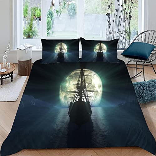 Quilt Cover Twin Size Battleship 3D Bedding Sets Moon Duvet Cover Breathable Hypoallergenic Stain Wrinkle Resistant Microfiber with Zipper Closure,beding Set with 2 Pillowcase