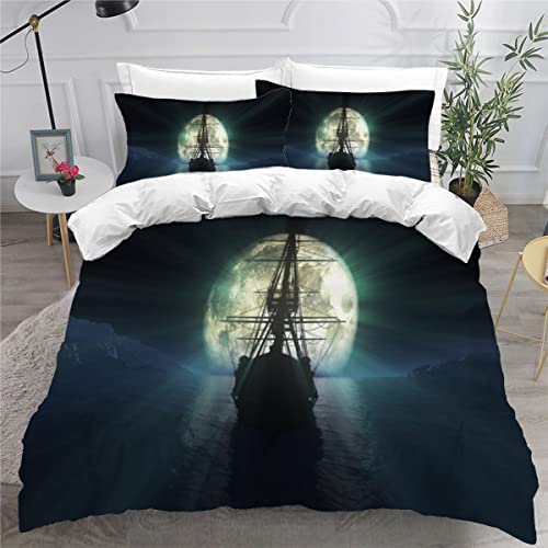 Quilt Cover Twin Size Battleship 3D Bedding Sets Moon Duvet Cover Breathable Hypoallergenic Stain Wrinkle Resistant Microfiber with Zipper Closure,beding Set with 2 Pillowcase