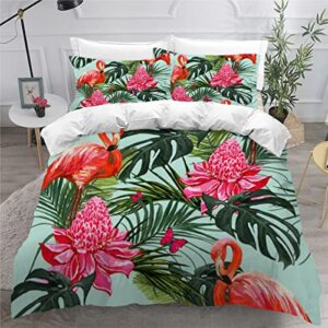 Quilt Cover Full Size Pink Flamingo 3D Bedding Sets Palm Leaves Duvet Cover Breathable Hypoallergenic Stain Wrinkle Resistant Microfiber with Zipper Closure,beding Set with 2 Pillowcase