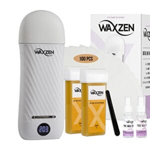 Wax roller kit, Roll on wax kit, WAXZEN digital roll on wax warmer kit, Roll on Wax Warmer for Hair removal, 2 Honey Wax cartridges, 100 pcs strips, Pre and Post Wax Spray