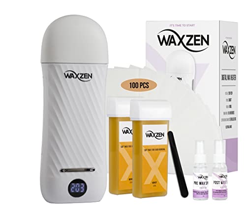 Wax roller kit, Roll on wax kit, WAXZEN digital roll on wax warmer kit, Roll on Wax Warmer for Hair removal, 2 Honey Wax cartridges, 100 pcs strips, Pre and Post Wax Spray