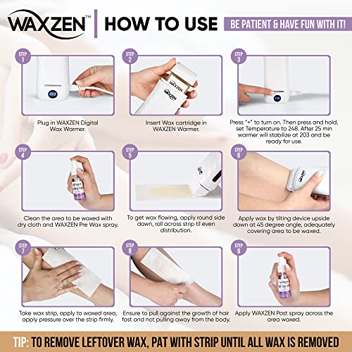 Wax roller kit, Roll on wax kit, WAXZEN digital roll on wax warmer kit, Roll on Wax Warmer for Hair removal, 2 Honey Wax cartridges, 100 pcs strips, Pre and Post Wax Spray