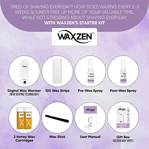 Wax roller kit, Roll on wax kit, WAXZEN digital roll on wax warmer kit, Roll on Wax Warmer for Hair removal, 2 Honey Wax cartridges, 100 pcs strips, Pre and Post Wax Spray