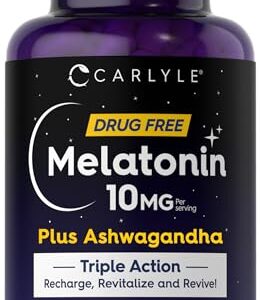 Melatonin 10mg | 120 Capsules | with Ashwagandha | Triple Strength Formula | Non-GMO, Gluten Free Supplement | by Carlyle