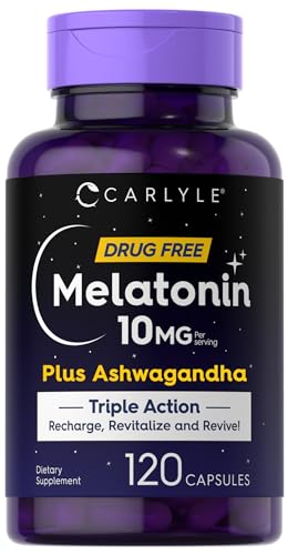 Melatonin 10mg | 120 Capsules | with Ashwagandha | Triple Strength Formula | Non-GMO, Gluten Free Supplement | by Carlyle