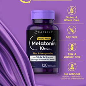 Melatonin 10mg | 120 Capsules | with Ashwagandha | Triple Strength Formula | Non-GMO, Gluten Free Supplement | by Carlyle