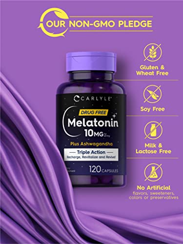 Melatonin 10mg | 120 Capsules | with Ashwagandha | Triple Strength Formula | Non-GMO, Gluten Free Supplement | by Carlyle