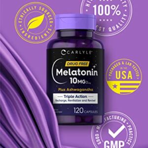 Melatonin 10mg | 120 Capsules | with Ashwagandha | Triple Strength Formula | Non-GMO, Gluten Free Supplement | by Carlyle