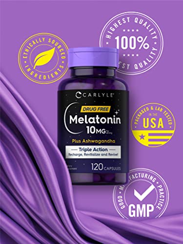 Melatonin 10mg | 120 Capsules | with Ashwagandha | Triple Strength Formula | Non-GMO, Gluten Free Supplement | by Carlyle