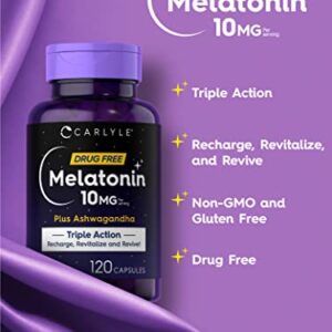 Melatonin 10mg | 120 Capsules | with Ashwagandha | Triple Strength Formula | Non-GMO, Gluten Free Supplement | by Carlyle