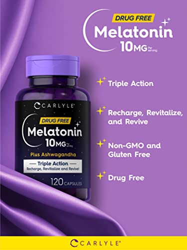 Melatonin 10mg | 120 Capsules | with Ashwagandha | Triple Strength Formula | Non-GMO, Gluten Free Supplement | by Carlyle