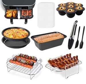 dual basket air fryer accessories, set of 10 fit for ninja dual air fryer dz201, dz401 & most 8 quart - 10 quart and larger dual zone air fryer, include cake pizza pan, rack & skewer, paper liner, etc