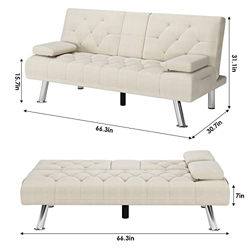 HIFIT Futon Sofa Bed, Upholstered Convertible Folding Sleeper Sofa Bed with Removable Armrests, Modern Futon Couch for Living Room, Bedroom, 2 Cupholders, Metal Legs, Beige