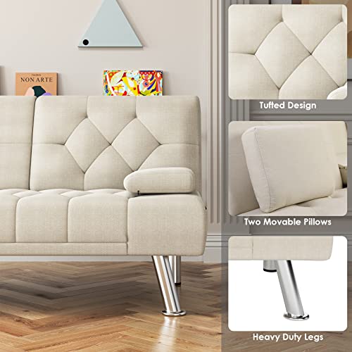 HIFIT Futon Sofa Bed, Upholstered Convertible Folding Sleeper Sofa Bed with Removable Armrests, Modern Futon Couch for Living Room, Bedroom, 2 Cupholders, Metal Legs, Beige