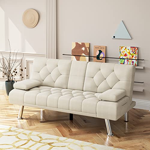 HIFIT Futon Sofa Bed, Upholstered Convertible Folding Sleeper Sofa Bed with Removable Armrests, Modern Futon Couch for Living Room, Bedroom, 2 Cupholders, Metal Legs, Beige