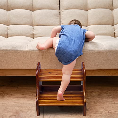 Wood Step Stool for Kids and Toddlers, Natural Acacia Solid Wood, Portable 2 Handles, Wider 2 Steps, Safe Non-Slip Bottom, Rounded Corners, Supports up to 200 lbs, Perfect for Children (Natural)