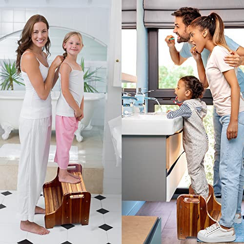 Wood Step Stool for Kids and Toddlers, Natural Acacia Solid Wood, Portable 2 Handles, Wider 2 Steps, Safe Non-Slip Bottom, Rounded Corners, Supports up to 200 lbs, Perfect for Children (Natural)