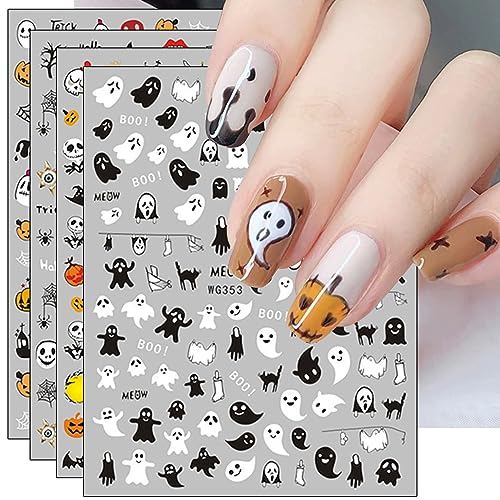 12 Sheets Halloween Nail Art Stickers Decals Self-Adhesive Pegatinas Uñas Cute Ghost Hat Castle Cat Skull Bat Nail Supplies Nail Art Design Decoration Accessories