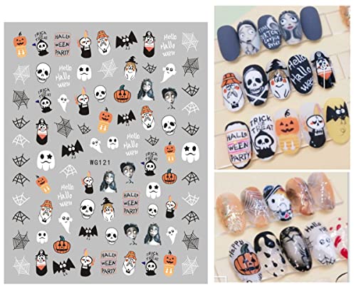 12 Sheets Halloween Nail Art Stickers Decals Self-Adhesive Pegatinas Uñas Cute Ghost Hat Castle Cat Skull Bat Nail Supplies Nail Art Design Decoration Accessories