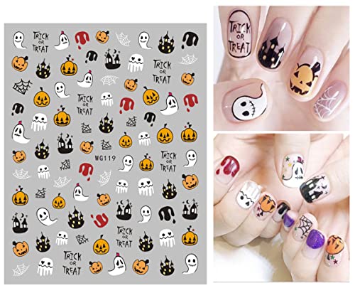 12 Sheets Halloween Nail Art Stickers Decals Self-Adhesive Pegatinas Uñas Cute Ghost Hat Castle Cat Skull Bat Nail Supplies Nail Art Design Decoration Accessories