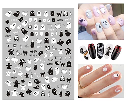 12 Sheets Halloween Nail Art Stickers Decals Self-Adhesive Pegatinas Uñas Cute Ghost Hat Castle Cat Skull Bat Nail Supplies Nail Art Design Decoration Accessories